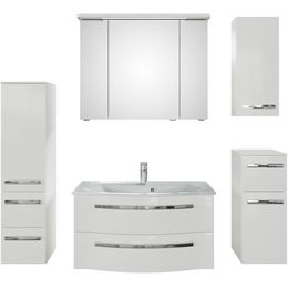 Badmöbel-Set SAPHIR "Serie 4005, vormontiert, Glaswaschbecken, Spiegelschrank", weiß (lack polarweiß hgl, weiß hgl), Holzwerkstoff, Kastenmöbel-Sets, Badezimmer Set 92 cm breit, inkl. Türdämpfer, 3 Türen, 2 Schubladen