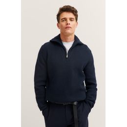 Troyer Bugatti "Regular Fit", Herren, Gr. L, 390, marine, Sweatware, 80% Wolle, 20% Polyamid, unifarben, regular fit, ohne Ausschnitt, Rippbündchen, Pullover Troyer, mit Ripp-Struktur & hohem Stehkragen
