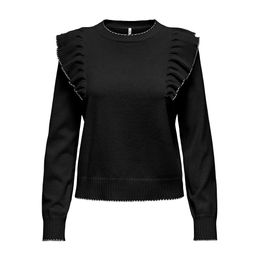 Strickpullover Only "ONLAMA LIFE LS O-NECK RUFFLE CC KNT", Damen, Gr. S (36), schwarz (schwarz detail:birch), Strick, Obermaterial: 80% Polyester, 20% Nylon, unifarben, regular fit, Rundhals, Pullover