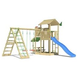 Spielturm Jungle Gym "Veranda", blau, Spieltürme, KinderB:454cm H:310cm T:437cm, Holzwerkstoff, Spielanlage mit Schaukel, Kletterbock und Rutsche mit Wasseranschluss, B:454cm H:310cm T:437cm
