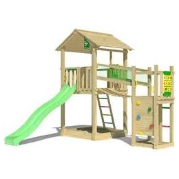 Spielturm Jungle Gym "Fortress", grün (hellgrün), Spieltürme, KinderB:373cm H:318cm T:397cm, Holzwerkstoff, Spielanlage mit 2 Türmen, Brücke und Rutsche mit Wasseranschluss, B:373cm H:318cm T:397cm