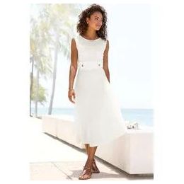 Midikleid Lascana, Damen, Gr. 40, N-Gr, weiß, Jersey, Obermaterial: 95% Polyester, 5% Elasthan, unifarben, modisch, figurumspielend kniebedeckend, Rundhals, ohne Ärmel, Kleider, mit dekorativen Riegeln und goldenen Zierknöpfen, bügelfrei