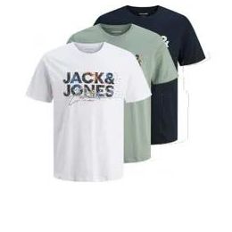 Jack & Jones T-Shirt JACK & JONES JUNIOR "JJGEPLAS TEE SS CREW NECK 3PK MP JNR", Jungen, Gr. 152, weiß pack:weiß(big), skycap(big), iceberg(big), Single Jersey, Obermaterial: 100% Baumwolle, bedruckt, modisch, regular fit normal, Rundhals, Kurzarm, Shirts