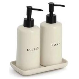Seifenspender zeller PRESENT "Seifen-/Lotionspender-Set, 3-tlg., Keramik", creme, Keramik, Dosierspender, Beschriftung: Seife und Lotion, minimalistisch und modern