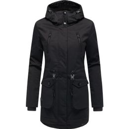 Kurzmantel Ragwear "Ellsa YOUMODO", Damen, Gr. M (38), schwarz, Obermaterial: 100% Polyester. Innenfutter: 100% Polyester. Wattierung: 100% Polyester, tailliert ca. Mitte Oberschenkel, hoch geschlossener Ausschnitt, eng Strickb&uuml;ndchen mit Daumenl&ouml;chern, M&auml;ntel Kurzmantel, Winterparka mit auff&auml;lligen Taillenzugkordeln und Kapuze