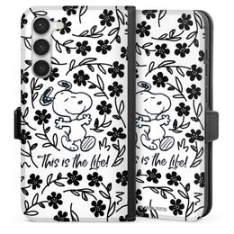 DeinDesign Galaxy S23+ Handy Klapph&uuml;lle Handyh&uuml;lle aus Kunst Leder schwarz Flip Case Peanuts Flowers Snoopy Sideflip mit Lasche