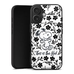 DeinDesign iPhone 17 Handy Premium Silikon H&uuml;lle Handyh&uuml;lle schwarz Case Peanuts Flowers Snoopy Silikon Premium Case