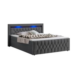 Juskys Boxspringbett Leona Samt 180x200 cm in Grau &ndash; mit LEDs, Topper & H4-Federkern-Matratzen