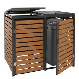2er M&uuml;lltonnenverkleidung MCW-K14, M&uuml;lltonnenbox M&uuml;lltonnenabdeckung, 119x134x84cm WPC Metall 78kg ~ Teak-Optik
