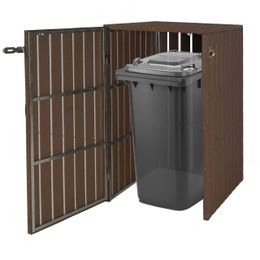 1er WPC-Mülltonnenverkleidung HWC-J28, Mülltonnenbox, Metall Holzoptik, erweiterbar 240l ~ braun