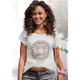Kurzarmshirt Vivance "mit modischem Frontdruck", Damen, Gr. 32/34, beige (creme), Slub, Obermaterial: 100% Baumwolle, unifarben mit Farbeinsätzen, gerade, Rundhals, mit Aufschlag, Shirts, aus weicher Baumwoll-Qualität