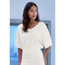Fledermausshirt Copenhagen Studios, Damen, Gr. 44/46, wei&szlig; (creme), Rippstrick, Obermaterial: 50% Viskose, 28% Polyester, 22% Nylon, unifarben, figurumspielend h&uuml;ftlang, V-Ausschnitt, Fledermaus&auml;rmel normaler Saum, Shirts Fledermausshirt, aus hochwertiger, feiner Rippe, Loungewear