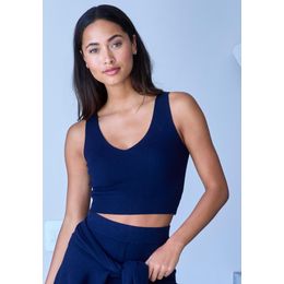 Stricktop Copenhagen Studios, Damen, Gr. 48/50, blau (marine), Rippstrick, Obermaterial: 50% Viskose, 28% Polyester, 22% Nylon, unifarben, figurbetont bauchfrei, V-Ausschnitt, Tops Stricktop, aus hochwertigem Rippstrick, Loungewear