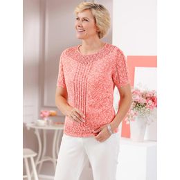 Rundhalspullover CLASSIC "Ajour-Pullover", Damen, Gr. 46, rot (grapefruit, ecru, meliert), 65% Baumwolle, 35% Polyacryl, meliert, Pullover Rundhalspullover