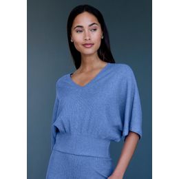 Fledermausshirt Copenhagen Studios, Damen, Gr. 32/34, blau, Rippstrick, Obermaterial: 50% Viskose, 28% Polyester, 22% Nylon, unifarben, figurumspielend hüftlang, V-Ausschnitt, Fledermausärmel normaler Saum, Shirts, aus hochwertiger, feiner Rippe, Loungewear