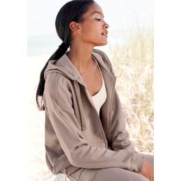 Sweatjacke Lascana, Damen, Gr. 32/34, braun (hellbraun), Sweatware, Obermaterial: 100% Baumwolle, Strukturmuster, unifarben, Basic, Basic hüftbedeckend, breiter Bund, Sweatjacken, aus organischer Baumwolle, Loungewear