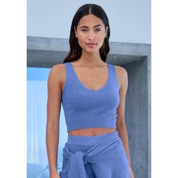Stricktop Copenhagen Studios, Damen, Gr. 40/42, blau, Rippstrick, Obermaterial: 50% Viskose, 28% Polyester, 22% Nylon, unifarben, figurbetont bauchfrei, V-Ausschnitt, Tops Stricktop, aus hochwertigem Rippstrick, Loungewear