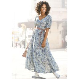 Maxikleid Buffalo, Damen, Gr. 36, N-Gr, blau (blau, bedruckt), Web, Obermaterial: 100% Viskose, bedruckt, gebl&uuml;mt, figurbetont bodenlang, tiefer V-Ausschnitt, Puff&auml;rmel mit Gummizug, Kleider Maxikleid, mit zartem Blumendruck und V-Ausschnitt, Sommerkleid, Strandkleid, Topseller