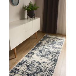benuta Basic Teppich Suki Cream/Blau 80x240 cm - Vintage-Stil Teppich im Used-Look