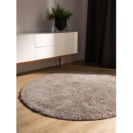 benuta Basic Waschbarer Hochflor Shaggyteppich Soho Taupe &oslash; 80 cm rund - Bettvorleger f&uuml;r Schlafzimmer