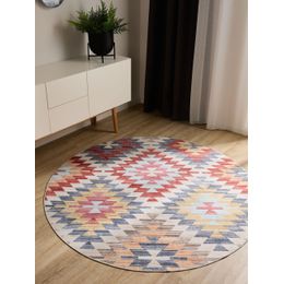 benuta Basic Waschbarer Kurzflor Teppich George Multicolor/Beige &oslash; 120 cm rund - Bunter Teppich f&uuml;r Wohnzimmer