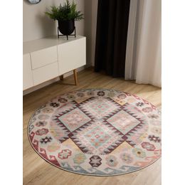 benuta Basic Waschbarer Kurzflor Teppich George Multicolor &oslash; 120 cm rund - Bunter Teppich f&uuml;r Wohnzimmer
