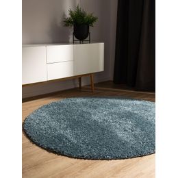 benuta Basic Waschbarer Hochflor Shaggyteppich Soho Blau &oslash; 80 cm rund - Bettvorleger f&uuml;r Schlafzimmer