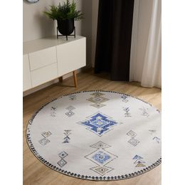 benuta Basic Waschbarer Kurzflor Teppich George Beige/Multicolor &oslash; 120 cm rund - Bunter Teppich f&uuml;r Wohnzimmer