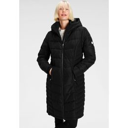 Steppmantel ALPENBLITZ "Konstanz", Damen, Gr. 38, schwarz, Web, Obermaterial: 100% Polyester. Futter: 100% Polyester. Kapuzenfutter: 100% Polyester. Wattierung: 100% Polyester, kontrastfarbene Details, unifarben, figurumspielend lang, Rippstrickbündchen, Mäntel, mit kuscheligem Kapuzen-Fleecefutter