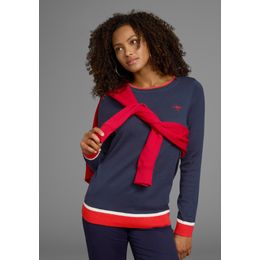 Rundhalspullover Kangaroos, Damen, Gr. 32/34 (XS), blau (marine, rot), Feinstrick, Obermaterial: 50% Baumwolle, 50% Polyacryl, kontrastfarbene Details, unifarben mit Farbeinsätzen, Casual, figurbetont hüftbedeckend, Rundhals, Rippstrickbündchen, Pullover, mit kontrastfarbenem Saum