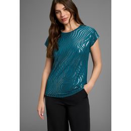 Rundhalsshirt Laura Scott, Damen, Gr. 34, blau (petrol), Single Jersey, Obermaterial: 95% Viskose, 5% Elasthan, bedruckt, gemustert, metallic, unifarben, figurumspielend hüftbedeckend, Rundhals, angeschnitten, Shirts, Kurzarm, figurumspielend, aus elastischem Single Jersey