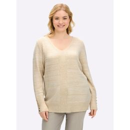 sheego by Joe Browns Damen V-Ausschnitt-Pullover mit Ripp-Einsatz und Effektgarn, champagner, Größe 48/50