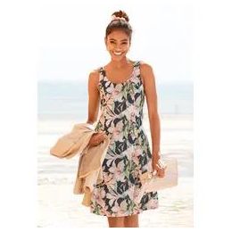 Sommerkleid Lascana, Damen, Gr. 40, N-Gr, bunt (marine, apricot, bedruckt), Jersey, Obermaterial: 95% Polyester, 5% Elasthan, bedruckt, Modisch, figurumspielend kniefrei, Rundhals, Kleider, mit tiefem Rückenausschnitt im Blumenprint, Minikleid, Strandkleid