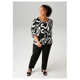 Langarmshirt ANISTON PLUS, Damen, Gr. 46, schwarz-weiß (schwarz, weiß), Single Jersey, Obermaterial: 95% Viskose, 5% Elasthan, bedruckt, gemustert, figurumspielend Po-bedeckend, Rundhals, elastischer Bund mit Gummizug, Shirts, mit großflächigem, grafischen Druck, Topseller