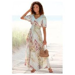 Maxikleid Lascana, Damen, Gr. 40, N-Gr, orange (sand, orange bedruckt), Web, Obermaterial: 100% Viskose, bedruckt, Modisch, figurumspielend knöchellang, tiefer V-Ausschnitt, elastischer Bund mit innenliegendem Gummizug, Kleider, mit Alloverprint und gesmokter Taille, luftiges Sommerkleid