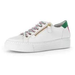 Plateausneaker Gabor "FLORENZ", Damen, Gr. 35, weiß (weiß, kombiniert), Kalbsleder, Veloursleder, Schuhe, mit bunten Besätzen, Weite G, Freizeitschuh, Halbschuh, Schnürschuh