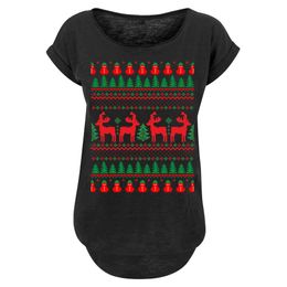 F4NT4STIC Long Cut T-Shirt Christmas Reindeers Weihnachten Muster in schwarz | Gr.: XXL