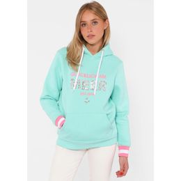Zwillingsherz Damen Hoodie &raquo;"Gl&uuml;cklich am Meer"&laquo;, mit Pailletten, Kapuze und kontrastfarbigen B&uuml;ndchen gr&uuml;n L/XL