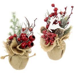Winterliche Kunstpflanze I.GE.A. "Weihnachtsgesteck in Jute, Weihnachtsdeko im 2er Set", rot, H:20cm Ø:10cm, Kunststoff, Kunstpflanzen, Kunstblumen-Arrangement 1x mit Horn und 1x mit Hirsch