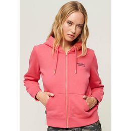 Kapuzensweatjacke Superdry "ESSENTIAL LOGO ZIP HOODIE", Damen, Gr. XS, pink (camping pink), Sweatware, Obermaterial: 75% Baumwolle, 25% Polyester, unifarben, casual, relaxed fit hüftlang, Rundhals, Sweatjacken, mit Logostickerei