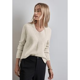 Rundhalspullover Street One, Damen, Gr. 42, beige (oak beige melange), Strick, Obermaterial: 37% Baumwolle, 34% Polyacryl, 26% Polyester, 3% Elasthan, Strukturmuster, meliert, regular fit taillenbedeckt, Rundhals, Rippbündchen, Pullover, mit Strukturmuster