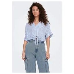 Kurzarmbluse Only "ONLPAULA LIFE S/S TIE SHIRT WVN NOOS", Damen, Gr. XL, blau (cloud dancer stripes:blau stripes), Web, Obermaterial: 100% Viskose, gestreift, modisch, regular fit normal, V-Ausschnitt, Kurzarm, Blusen