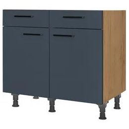 Unterschrank Nobilia ""Easytouch", vormontiert, Breite 90 cm, Soft-Close-Funktion", blau (front: lacklaminat fjordblau ultramatt, korpus: eiche sierra nachbildung), B:90cm H:87cm T:58,3cm, Schränke, bei den Schubkästen, inkl. höhenverstellbare Sockelfüße