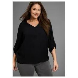 Schlupfbluse LAURA SCOTT CURVE, Damen, Gr. 56, schwarz, Web, Obermaterial: 100% Viskose, unifarben, Basic, figurumspielend, V-Ausschnitt, 3/4-Ärmel verstellbar, Blusen, aus fließender Viskose mit Ärmelriegeln zum Krempeln - GROSSE GRÖSSE