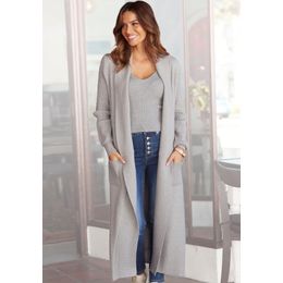 Longstrickjacke Lascana, Damen, Gr. 32/34, grau (grau, meliert), Strick, Obermaterial: 50% Viskose, 28% Polyester, 22% Polyamid, meliert, figurumspielend ca. Mitte Wade, Strickjacken, mit Rippstrickdetails und Taschen, lässiger Strickmantel