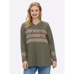 sheego Damen Shirt mit V-Ausschnitt und Ethno-Details, khaki-beige-bedruckt, Größe 44/46