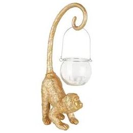 Dekofigur LEONIQUE "Affe mit Windlicht", gold (goldfarben), B:10cm H:40,5cm T:16cm, Polyresin (Kunststein), Glas, Dekofiguren