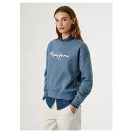 Sweatshirt Pepe Jeans "BADDY", Damen, Gr. S, blau (drill blau), Sweatware, Obermaterial: 70% Baumwolle, 30% Polyester, bedruckt, unifarben, Casual, Rundhals, Rippbündchen, Sweatshirts, mit Rundhalsausschnitt
