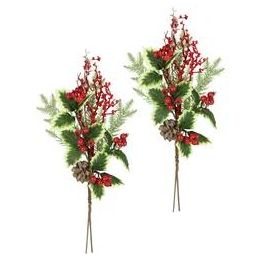 Kunstzweig I.GE.A. "Künstlicher Zweig Zapfen/Beeren/Tanne/Ilex", grün (grün, rot), B:23cm H:52cm L:10cm, Polyester, Kunstpflanzen, 2er Set Dekozweig Zweig Deko für Girlande Kranz Weihnachtsdeko
