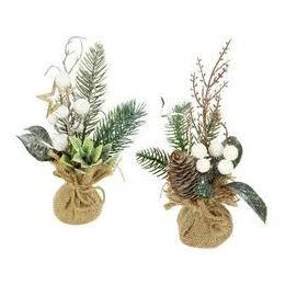 Künstlicher Weihnachtsbaum I.GE.A. "Kunstpflanze Weihnachtsgesteck im Jute-Sack", grün (grün, weiß), B:12cm H:23cm, Kunststoff, Weihnachtsbäume, 2er Set Weihnachtsdeko Tannenzweige Beeren Zapfen Stern Kunstblumen